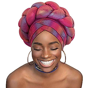 Woeoe Women African Turban Rose Red Braid Beanie Cap Headwear Pre-Tied Stretchy Twisted Head Turbans