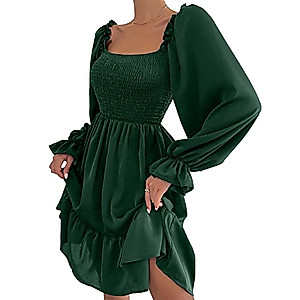 Ekaliy Women's Casual A line Dress Knee Length Puff Sleeves Smocked Elegant Homecoming Dress Green S