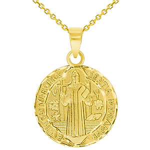Jewelry America Solid 14k Yellow Gold Round Shaped St. Benedict Medallion Charm Pendant with Cable Chain Necklace, 20"