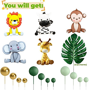 XLENGO 20 PCS Jungle Safari Animal Cake Topper with Lion Giraffe Monkey Elephant Zebra Colourful Balls Leaves Cake Decoration for Baby Shower Safari Birthday Party Supplies