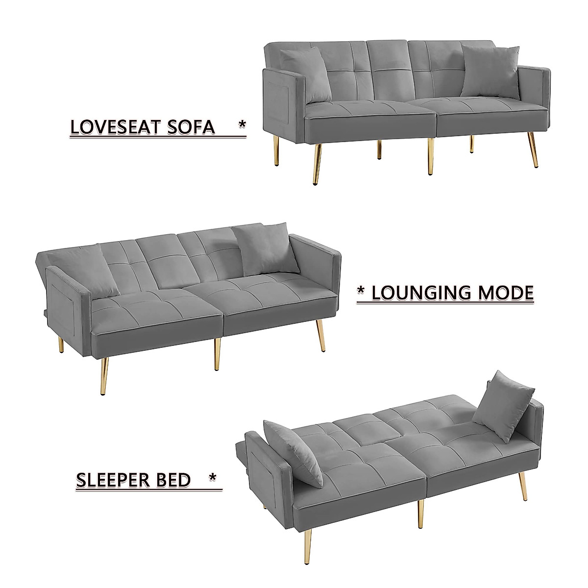 SEVENWOOD Velvet Futon Sofa Bed with Cup Holder,Velvet Small Loveseat Sleeper Bed, Modern Folding Sleeper Couch with 2 Pillows and 6 Gold Metal Legs for Living Room. (Grey)