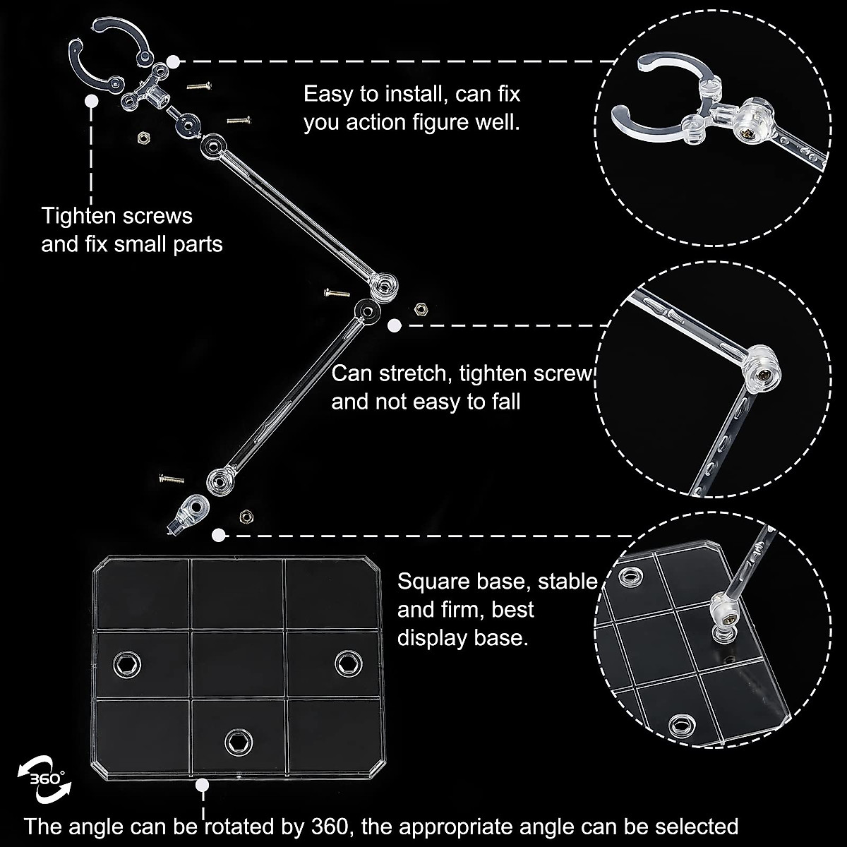 FINGERINSPIRE 8Pcs Action Figure Stand Assembly Action Figure Display Holder Base Doll Model Support Stand for 6 inch Action Figures or Effects Clear 1/144 HG/RG Gundam Figure Model Toy