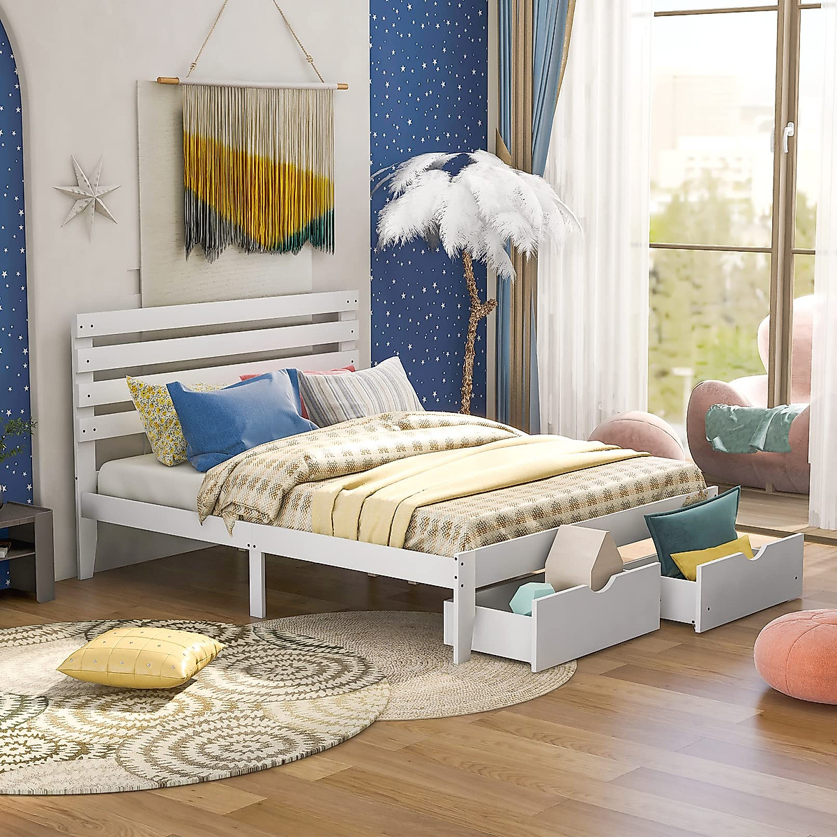 Queen Size Rustic Casual Style Platform Bed with 2 Storage Drawers & Headboard, Wooden Frames with No Box Spring Needed for Bedroom Small Space Boys Girls Adults Teens, White