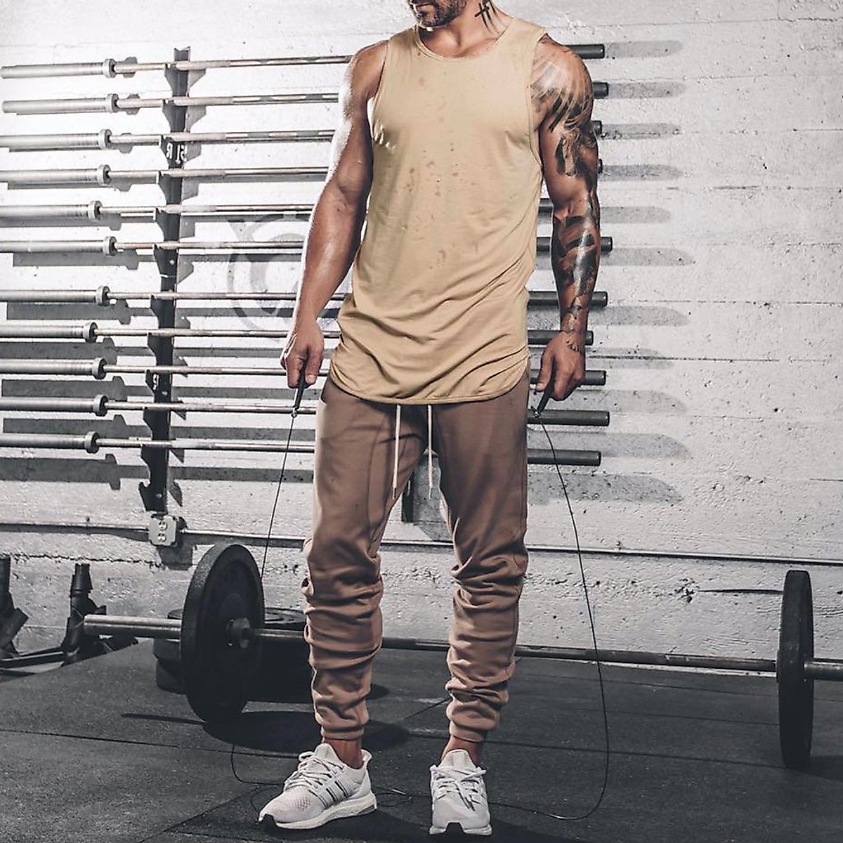 Magiftbox Mens Extended Scoop Workout Stringer Tank Tops Gym Shirts for Men Black/Khaki T05_Khaki_US-M