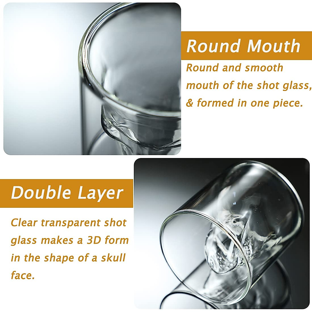 DECKALY Crystal Skull Shot Glasses Double Wall Glass Cup Set of 4, 2.5 oz Whiskey Shot Glasses, Party & Bar Decor Drinking Glassware for Whiskey, Vodka, and Cocktail