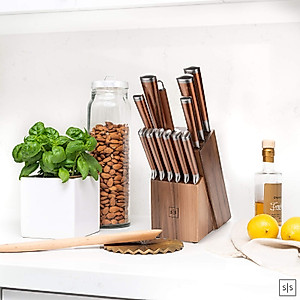 Copper Knife Set with Walnut Knife Block - Premium 13 PC Stainless Steel Knife Sets for Kitchen with Block - Rose Gold Knife Set With Block, Rose Gold Kitchen Accessories & Copper Kitchen Accessories