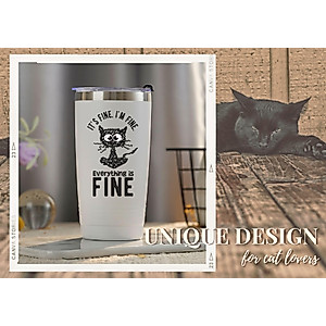 Onebttl Cat Gifts for Cat Lovers, Insulated Stainless Steel Tumblers with Lids and Straws, Funny gifts for Cat Mom, Dad on Birthday, Christmas, 20 oz, White, I'm Fine