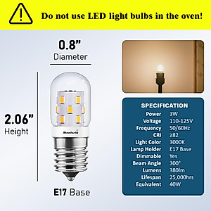 Maelsrlg LED Microwave Light Bulbs Under Hood 40W Equivalent, E17 LED Bulb Dimmable for Range Hood, 3W 380 Lumens, LED Appliance Light Bulb Over Stove, Warm White 3000K, 2 Pack