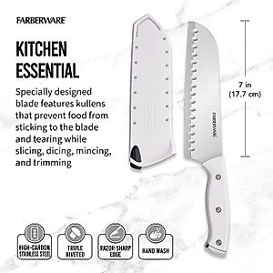 Farberware Edgekeeper Triple Riveted Santoku Self-Sharpening Blade Cover, High Carbon-Stainless Steel Kitchen Ergonomic Handle, Razor-Sharp Knife, 7 Inch, White