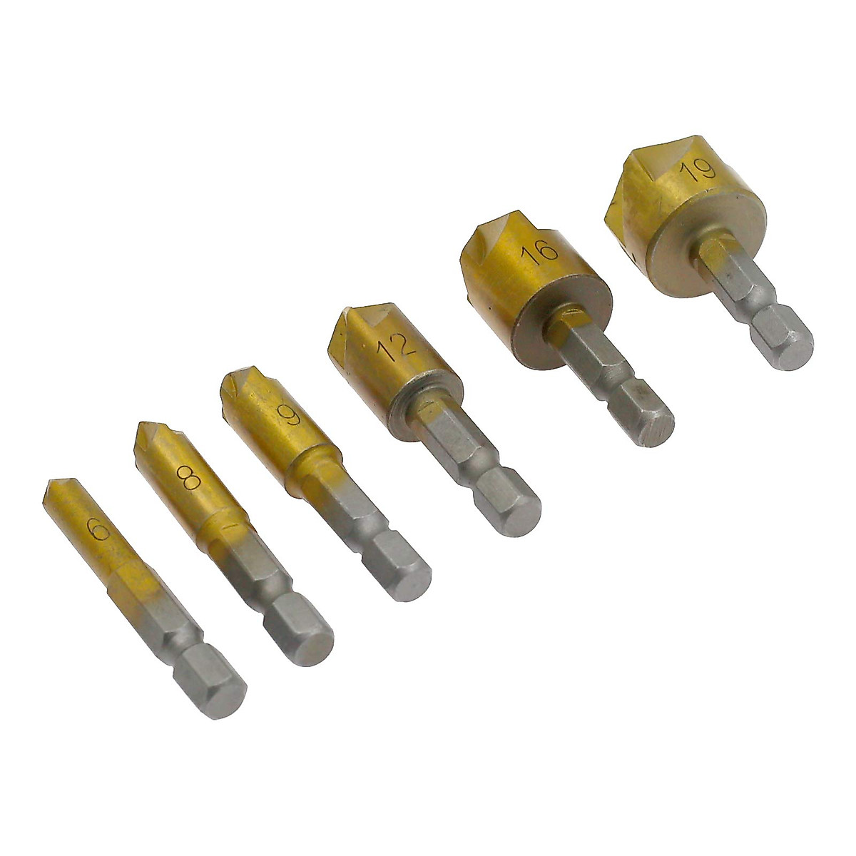 Bonsicoky Countersink Drill Bit Set 6 Pcs, 1/4 Inch Hex Shank 5 Flute 90 Degree Center Punch Tool Sets, Carbide Counter Sinker Drill Bits for Wood Quick Change Bit (6mm-19mm)