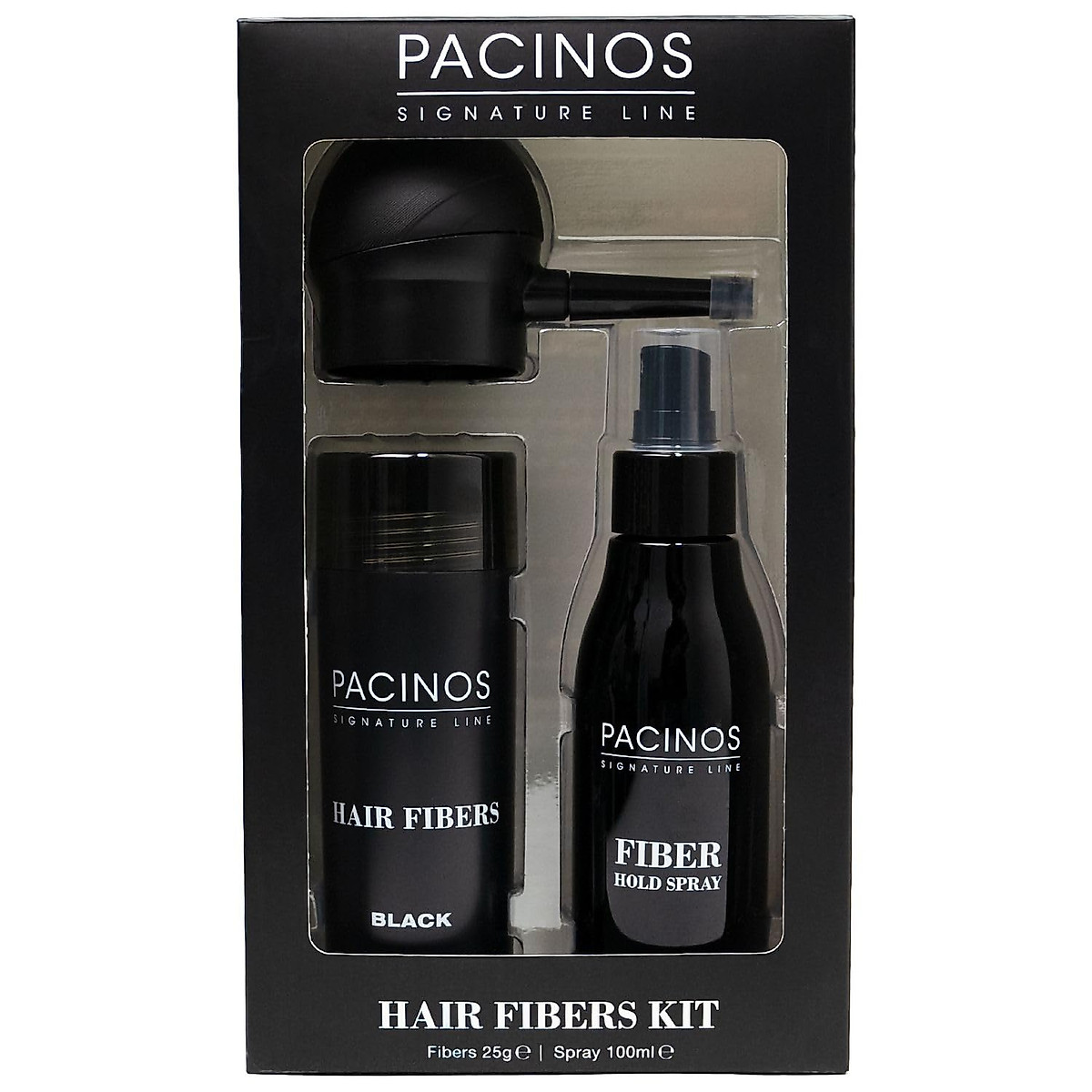 Pacinos Hair Fiber Kit - Conceal Thinning Hair Instantly with Fiber Hold Spray - Black
