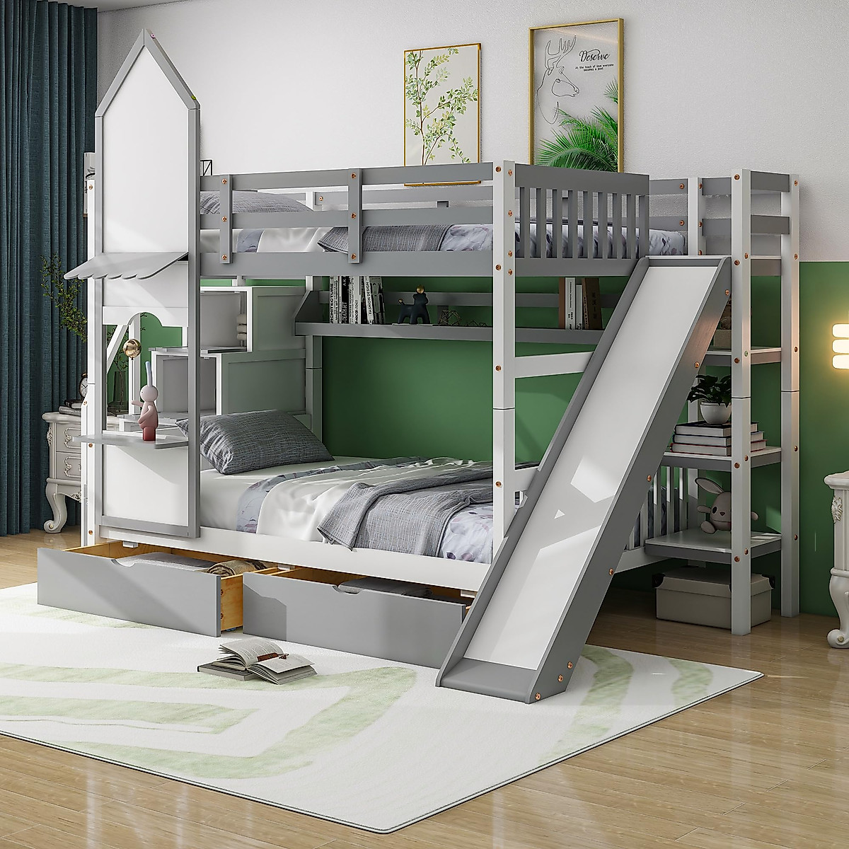 BIADNBZ Full Over Full Castle Style Bunk Bed with Slide and Stairs, Wooden Stairway BunkBed w/2 Drawers Storage and 3 Shelves for Kids Boys Girls Bedroom, Gray