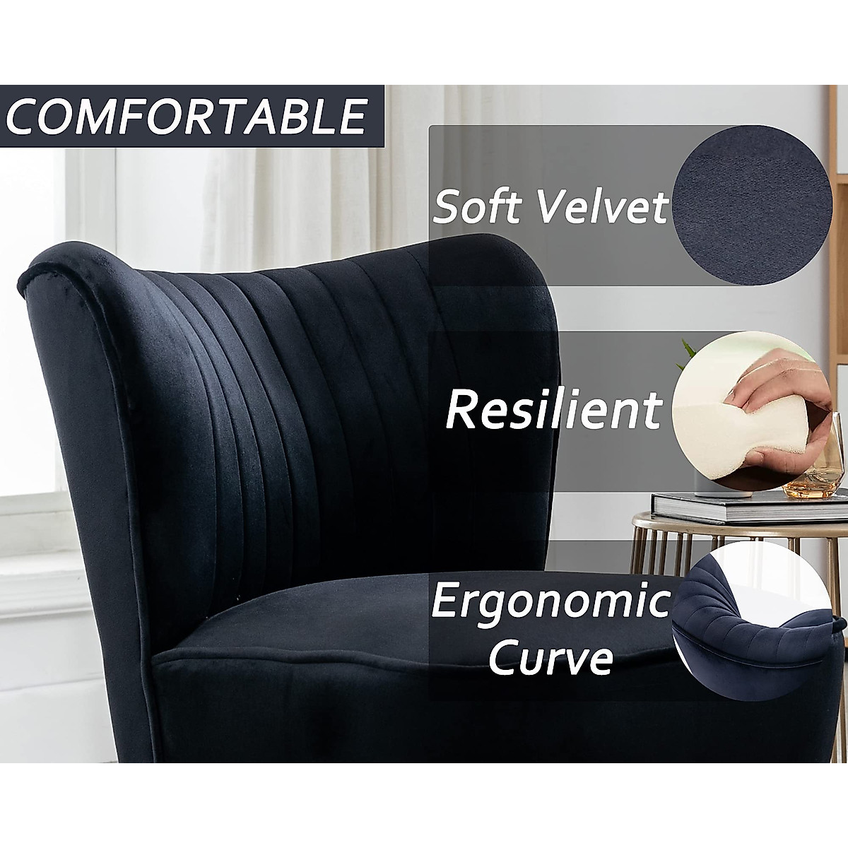 Janoray Velvet Accent Chair Set of 2 Comfy Living Room Chair Armless Slipper Chair Mid Century Side Chair Single Sofa Chair with Golden Legs Wingback for Bedroom Guest Room, Black