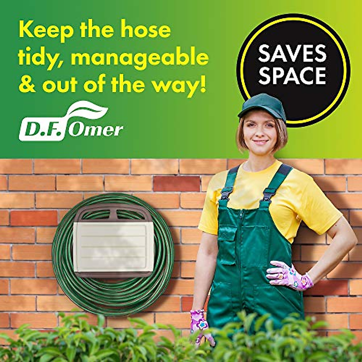 DF OMER Plastic Garden Water Hose Holder with Storage Compartment Fits 150 ft. Hose – 10x7x5 in. Weatherproof Wall Mount Hose Rack Hanger for Outside with 2 Shelves for Garden Equipment