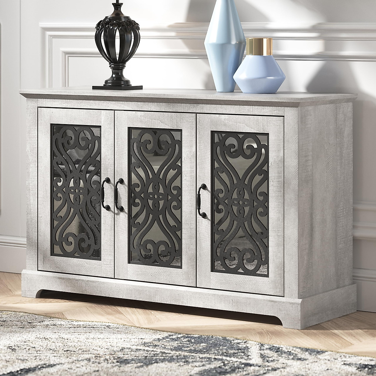 Galano Calidia 3 Door Sideboard, Kitchen Storage Sideboard Buffet Cabinet Console with Acrylic Mirror Doors & Adjustable Shelves, 15.67" D x 45.71" W x 29.29" H, Dusty Grey Oak