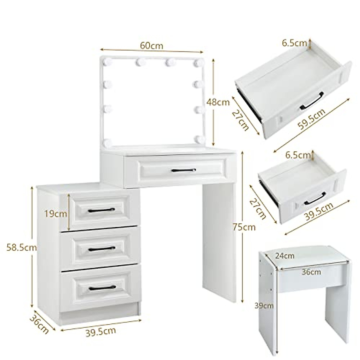 JBLCC Makeup Vanity with Lights Mirror, Makeup Table Set Vanity Mirror with Lights, Vanity Desk with Storage Shelves, Drawers, Modern Vanity Table for Bedroom White (41749)