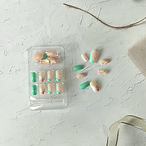 Press on Nails Medium Square False Nails French Tip False Nails Colorful Flower with Designs Acrylic Nails Full Cover Glossy Artificial Nails Reusable Stick on Nails for Women 24Pcs