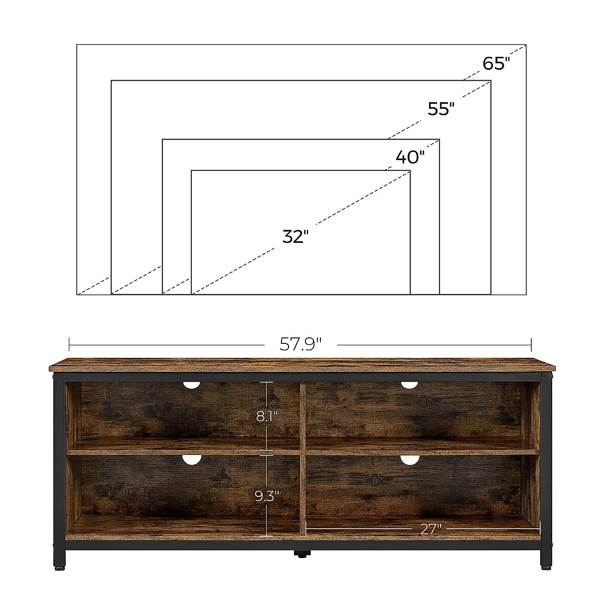VASAGLE TV Stand for Televisions up to 65 Inch, Entertainment Center, with Adjustable Shelves for Living Room, Bedroom, 57.9 x 15.7 x 23.6 Inches, Rustic Brown + Black