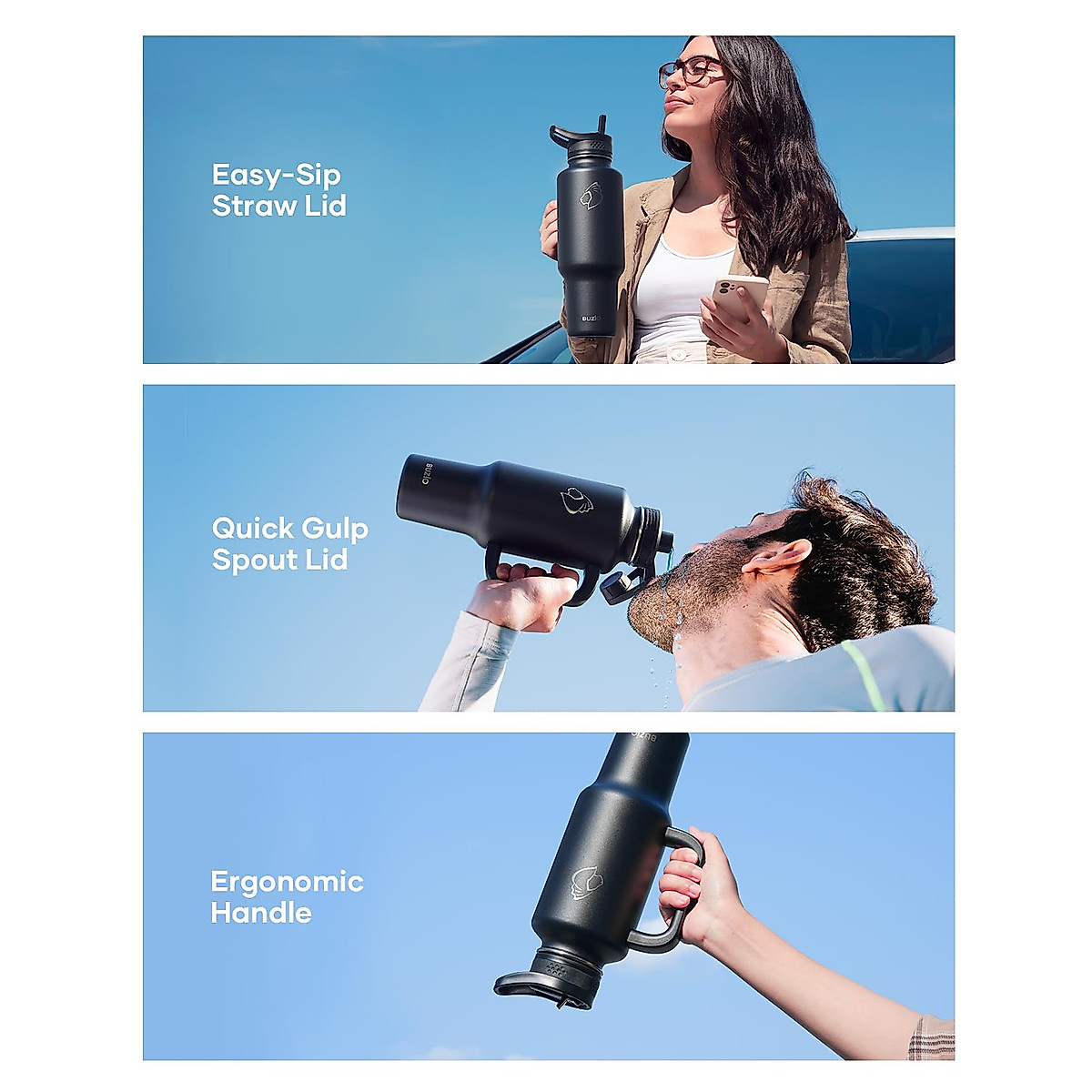 BUZIO Insulated Water Bottle with Handle & Flip Straw, 40oz Metal Travel Tumbler Fits in Cup Holders, Dishwasher Safe Leakproof Reusable Sport Mug, Gift for Women & Men, Keep Cold for 48hrs, Black