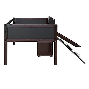GINGVAT Twin Size Loft Bed with Two Storage Boxes, Wood Loft Bed with Climbing Frame, Slide and Guardrails，Multi-Functional，Espresso