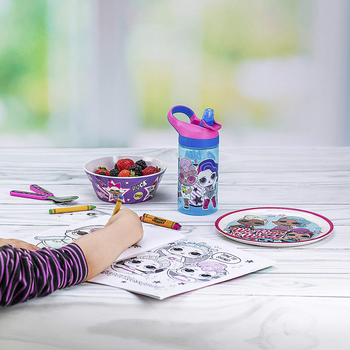 Zak Designs L.O.L. Surprise! Series Kids Plate, Bowl, Water Bottle & Flatware Set, Series 1-3 Characters, 5-piece set