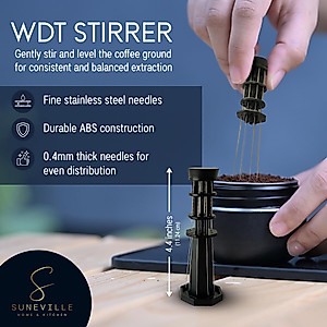 Suneville WDT Tool with 8 Needles (0.4mm) - Espresso Distribution Tool Set with 2 Replacement Needles Stainless Steel Coffee Stirrer, Latte Art Pen & Spoon - Coffee Making Accessories