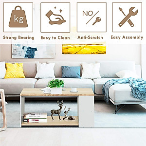 Giantex Coffee Table W/Three Storage Shelf, Sturdy and Durable Construction, Smooth Surface & Extra Storage Space, Ideal for Office and Living Room Tea Snack Table (Natural)