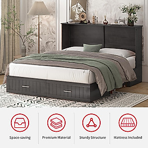 PUREMIND Murphy Bed Cabinet with Built-in Charging Station and Storage Drawer, Solid Wood Cabinet Bed Queen Size with Mattress, Murphy Cube Chest Bed for Guest Room, Home, Office,Gray