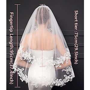 EllieHouse Women's Short 2 Tier Lace White Wedding Bridal Veil with Comb L24WT