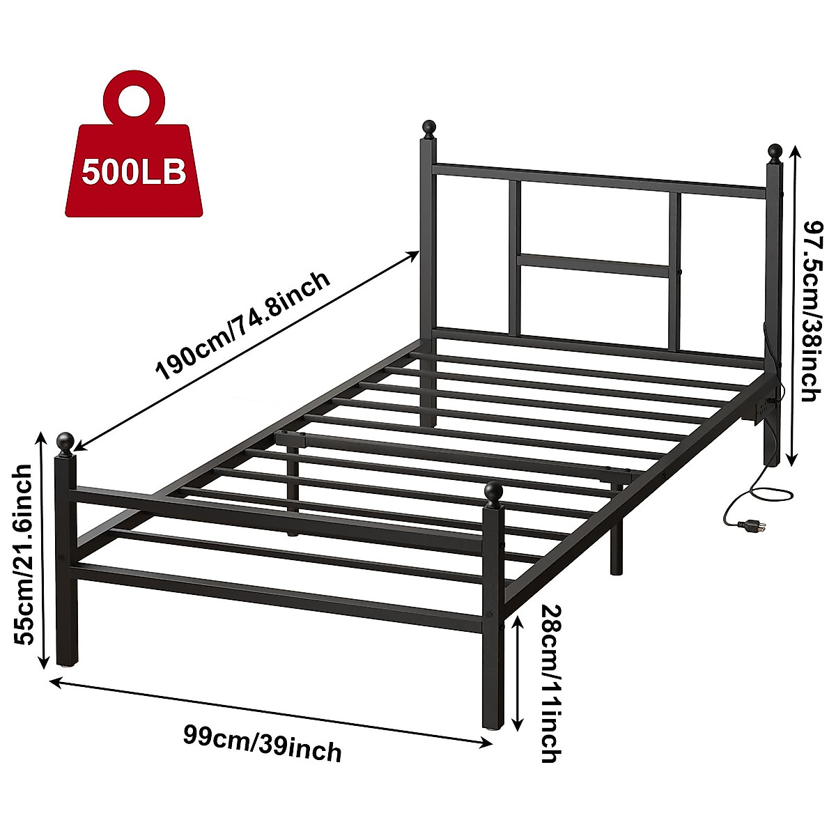 Fixwal Twin Bed Frame with Charging Station, Metal Bed Frame with Port and Outlet, Black