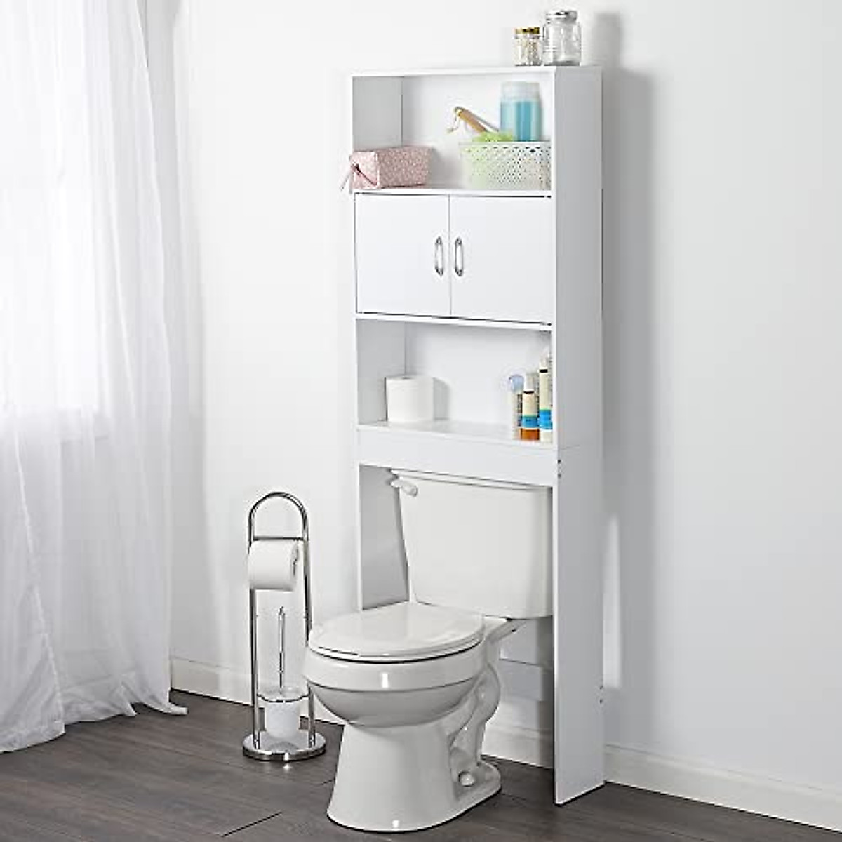 Home Basics Space Saver for Bathroom (White) MDF Bathroom Space Saver with Three Shelves and Cabinet Doors | Toilet Saver for Towels, Toilet Paper, Beauty Supplies, and Décor