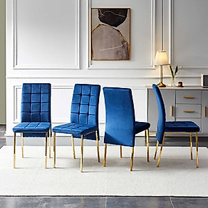 NORDICANA Upholstered Velvet Dining Chairs Classic Kitchen High Back Chairs Set of 4, Featured Dovetail Tufted Side Chairs, Golden Color Metal Legs, Navy Blue