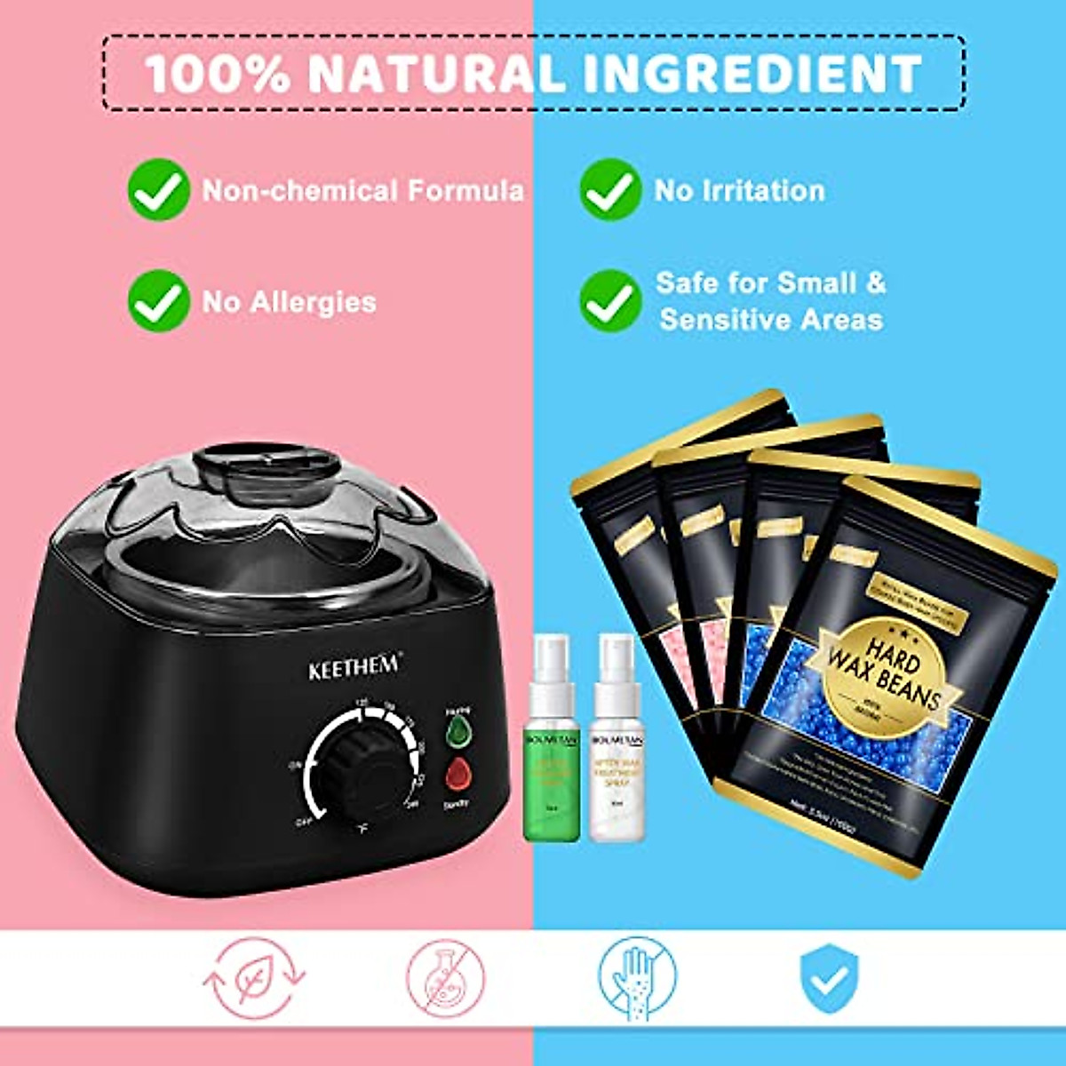 Keethem Waxing Kit - Wax Warmer for Hair Removal, 4 Packs Hard Wax Beads(14.1oz total), at Home Waxing Kit for Women Sensitive Skin - Ideal for Brazilian, Facial Hair, Bikini, Legs, Armpit, Eyebrow