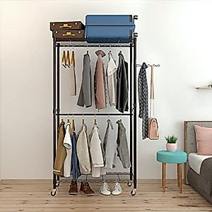 Karl home Wire Garment Rack on Wheels, Heavy Duty Rolling Clothes Rack with 2 Hanging Rods Shelves Hooks, Freestanding Adjustable Closet Organizer Wardrobe System Black Metal Frame
