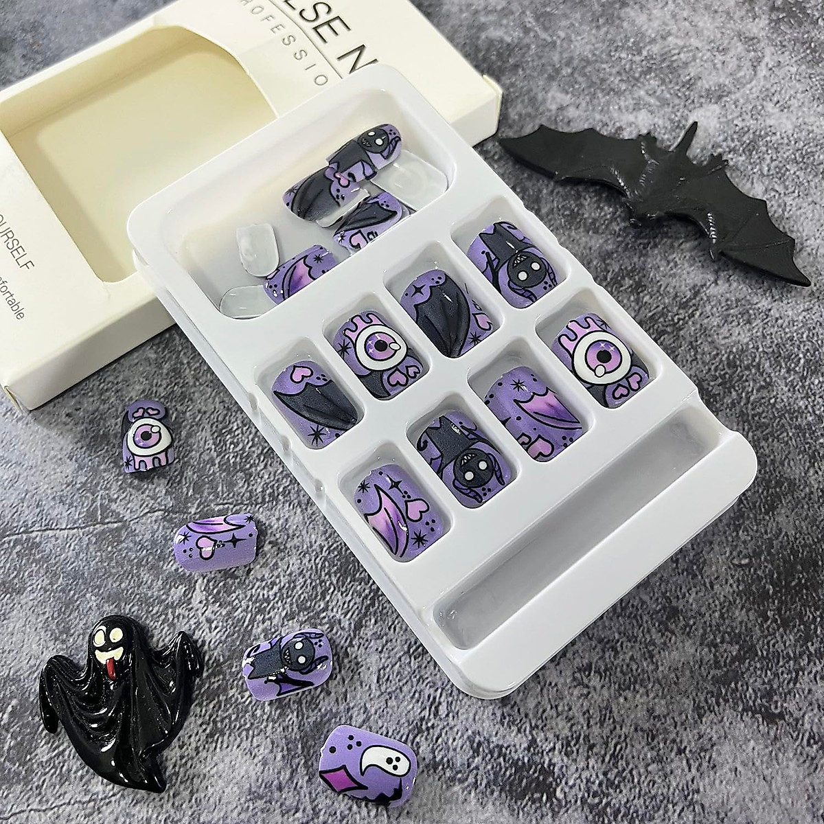 GGDECA Halloween Square Fake Nails Short Press on Nails Purple Glue on Nails Bat Ghost Love Eyeball Halloween Designs False Nails Acrylic Glossy Nails for Women Halloween Halloween Manicure Art 24Pcs