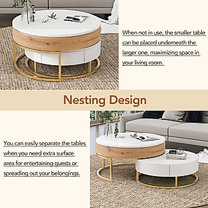 Modern Lift-top Coffee Table for Living Room, Set of 2 Round Nesting Coffee Table, Center Table with 2 Drawers, Suitable for Living Room and Office (Oak Natural Wood + Antique White)