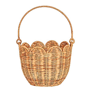 Scalloped Edge Round Basket with Handle, Super Sturdy Wicker Storage Baskets, Garden Vegetable Basket Hand Woven Baskets for Shelves,Natural Baskets for Organizing (Rattan 7.8"*7.8"*7")