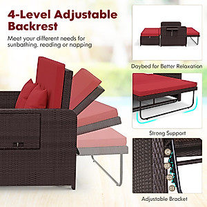 LDAILY Moccha Outdoor Daybed, Wicker Loveseat Sofa Set with 4-Postion Adjustable Backrest, Storage Ottoman, Cushions, Rattan Double Bed Lounger, Patio Furniture Set (Red)