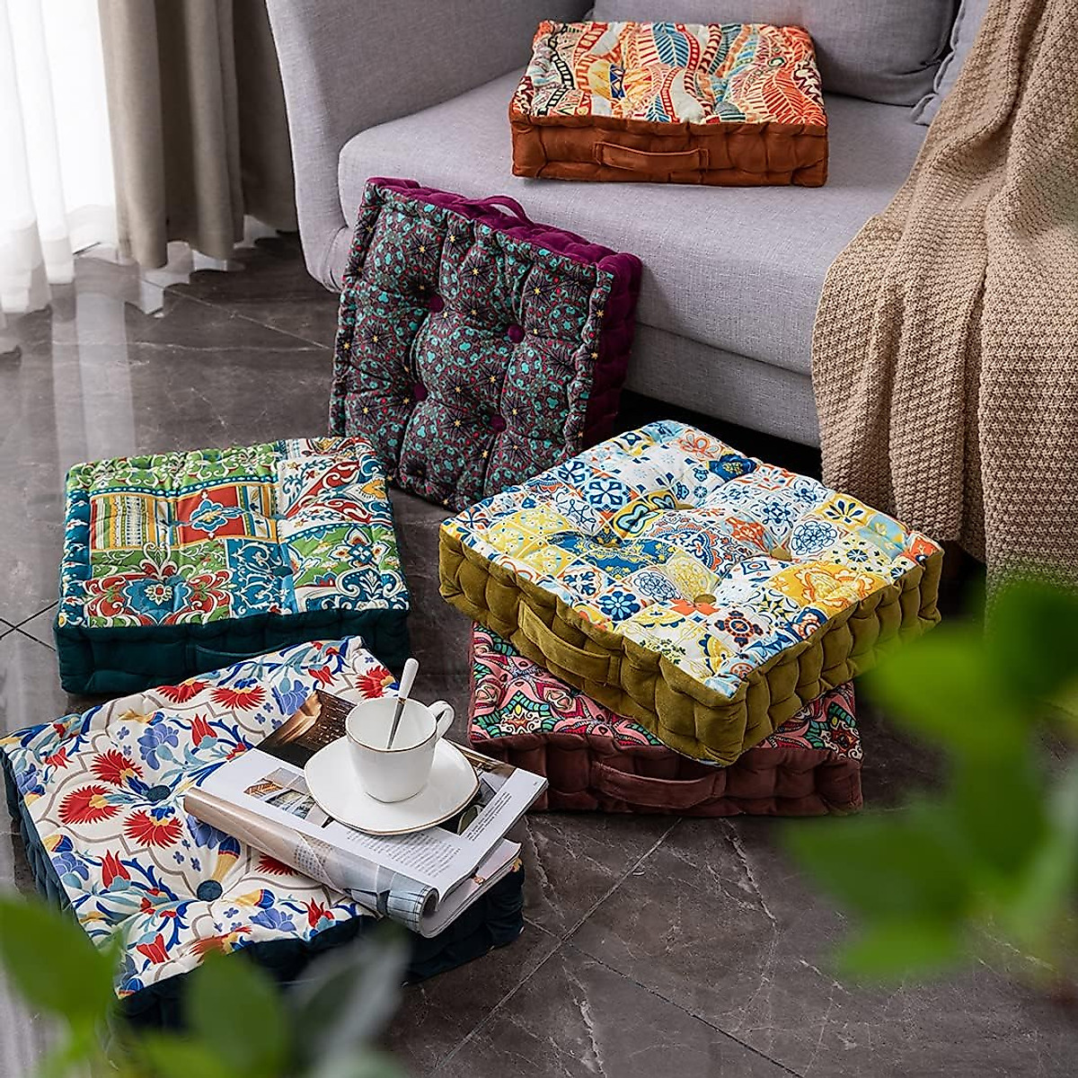 vctops Boho Printed Chair Pad Soft Comfy Velvet Thick Chair Seat Cushion for Dining Chairs, Office Chairs, Hardwood Floors (YKFX,16"x16")