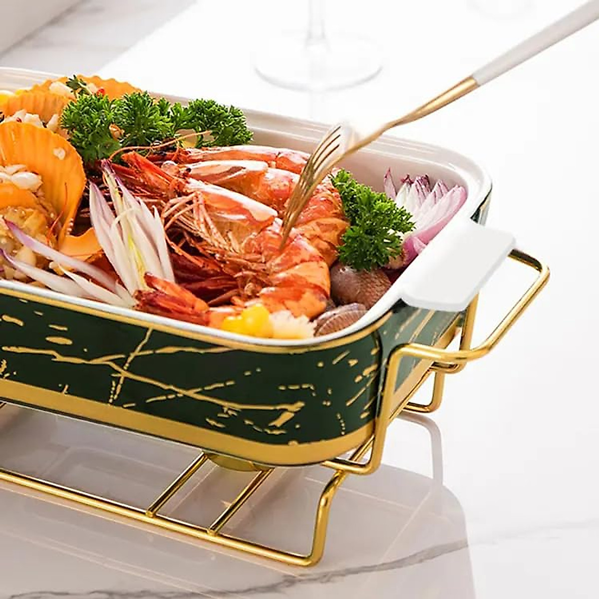 HONHPD 3PCS Rectangular Porcelain Casserole Warming Trays for Food, Ceramics Chafers, and Buffet Warmers Sets, Ceramics Chafing Dish Buffet Set, Green Marble Finish (11inch.13inch.15inch）