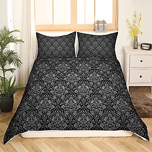 Erosebridal Black Grey Ombre Gothic Bedding Set for Adults Men Twin,Antique Victorian Baroque Floral Comforter Cover Boho Damask Duvet Cover Exotic Floral Bohemian Bedspread Cover 1 Pillow Case