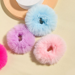 Furling Pompoms Furry Faux Rabbit Fur Hair Scrunchies Artificial Fur Hair Bobbles Elastic Hair Band Rope Wristband Ponytail Accessories Light Pink 2pcs