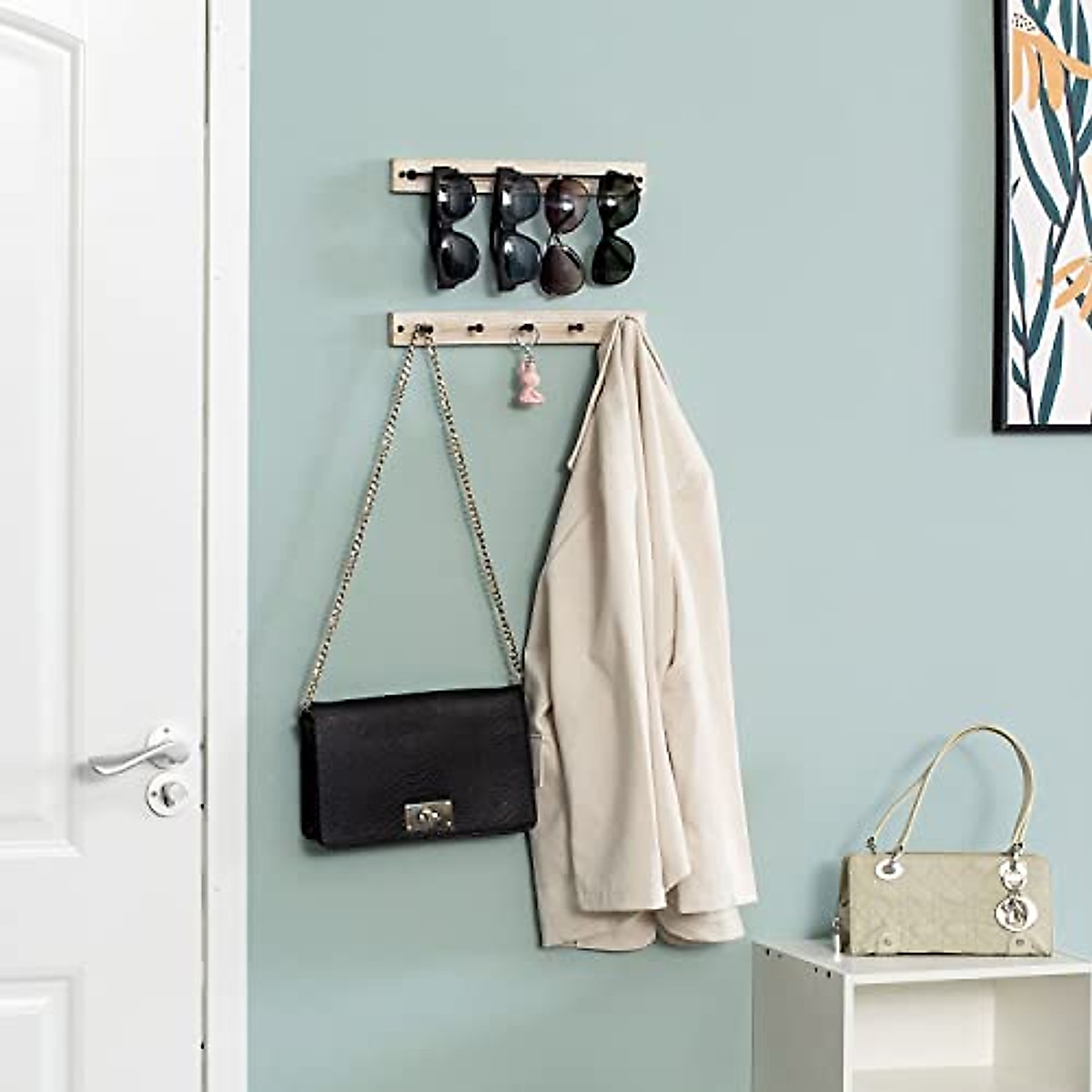 MyGift 2 Piece Set Wall Mounted Wood Sunglasses Organizer Rack and Coat Hook Wall Rack in Whitewashed Finish with Metal Hardware, Entryway Eyeglass Hanger Rail and Key Hooks