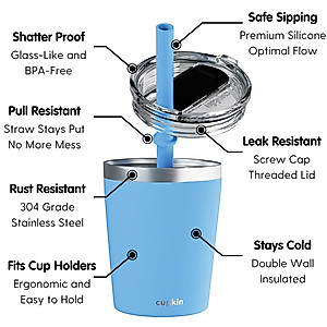 CUPKIN Stackable Stainless Steel Kids Cup Smoothie Tumbler, Powder Coated Insulated Tumblers, BPA Free Lid and Silicone Straw 8 Fl Oz (Pack of 1), Bright Blue
