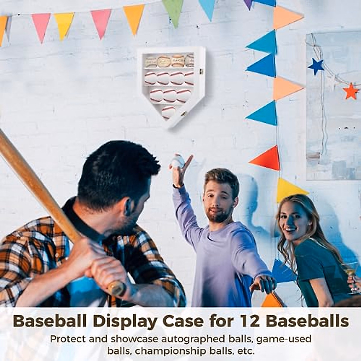 TIMCORR Baseball Display Case for 12 Baseballs, Wall Mount, White Wooden Frame with Transparent Acrylic Panel and Dual Metal Locks
