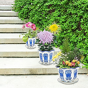Trendy Chicon Point Oriental Blue and White Porcelain Plant pots with Drainage Holes, mesh Tray for Indoor Outdoor Plants. Set of 3 Chinoiserie Designs (7.6x4.8, 5.8x4.0, 4.2x3.5, Asian), Blue,white