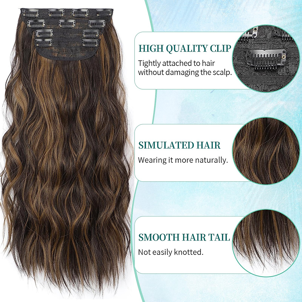 KooKaStyle Clip in Long Wavy Synthetic Hair Extension 20 Inch 4PCS Balayage Dark Brown to Chestnut Hairpieces Fiber Thick Double Weft Hair Extension for Women