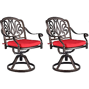 LEISU 2 Piece Cast Aluminum Bistro Dining Chair Outdoor Bistro Chairs for Home Patio Garden Deck (2 Swivel Rocker Chairs with Red Cushions)