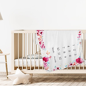 by ALEENTA Month Blanket for Baby Girl, Baby Milestone Blanket Girl with Flowers and Butterflies, Pink Baby