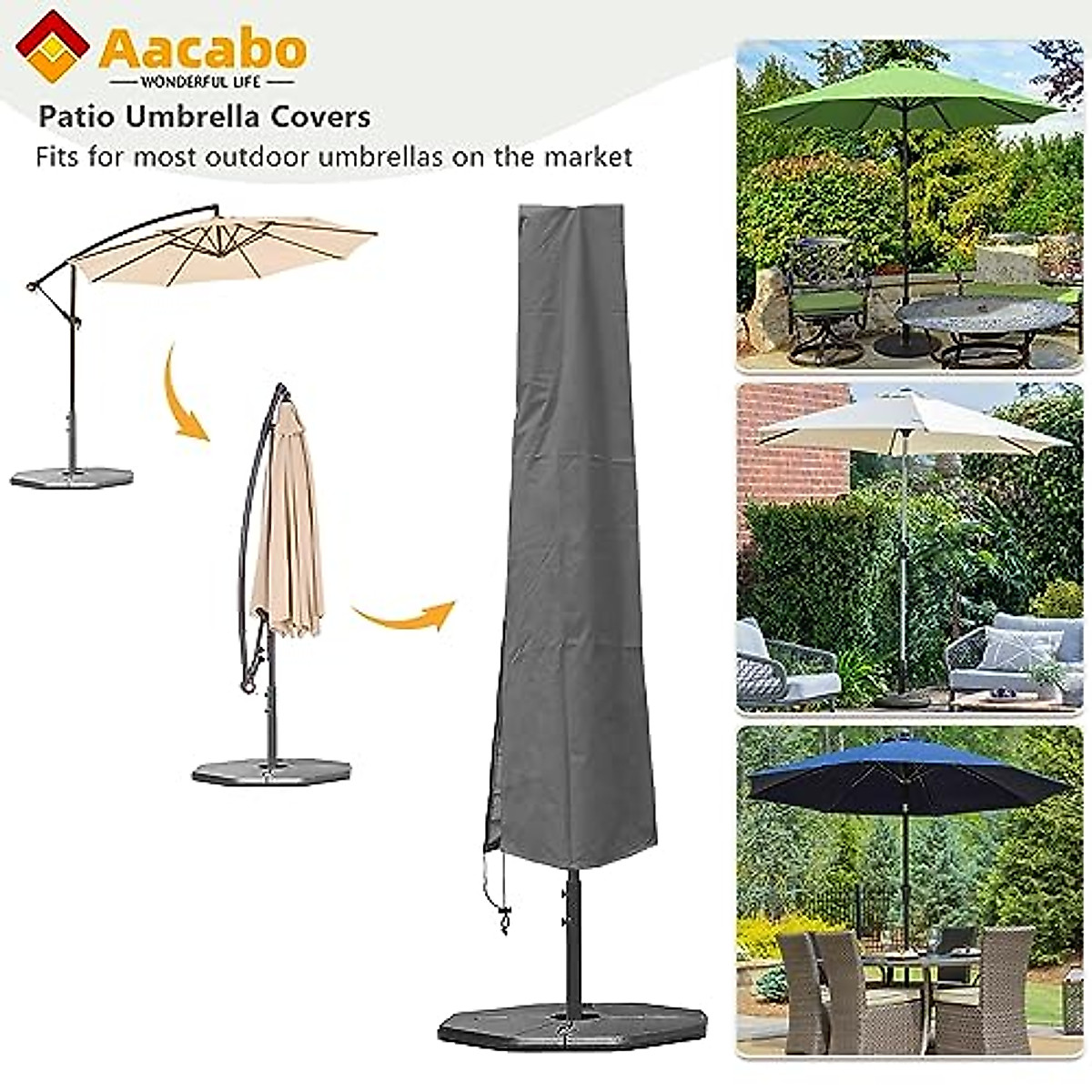 Aacabo Durable Market Umbrella Cover- Parasol Cover Fits Market Umbrella 9Feet to 12 Feet, Patio Umbrella Cover, Waterproof Outdoor Market Umbrella Cover-Grey…
